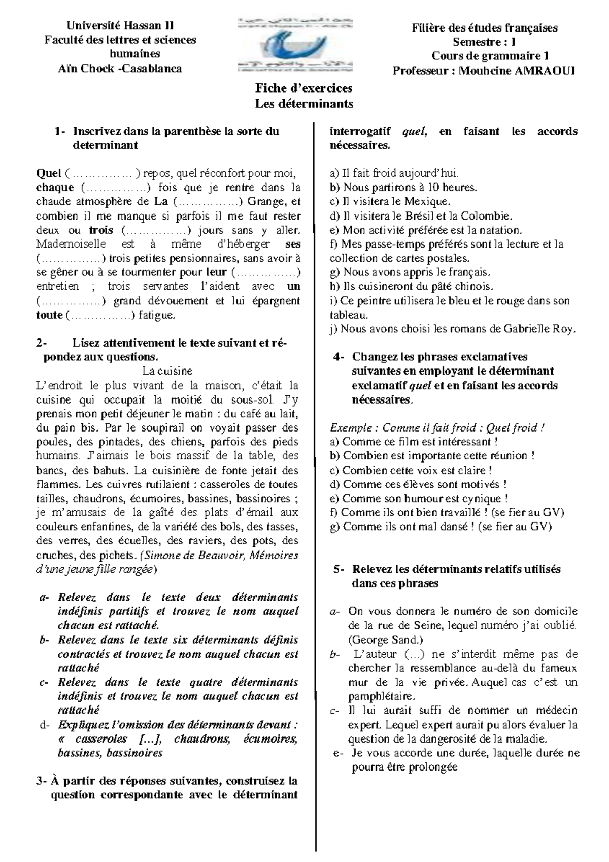 Les déterminants en grammaire 1 - ECOLE - Semestre I - Studocu
