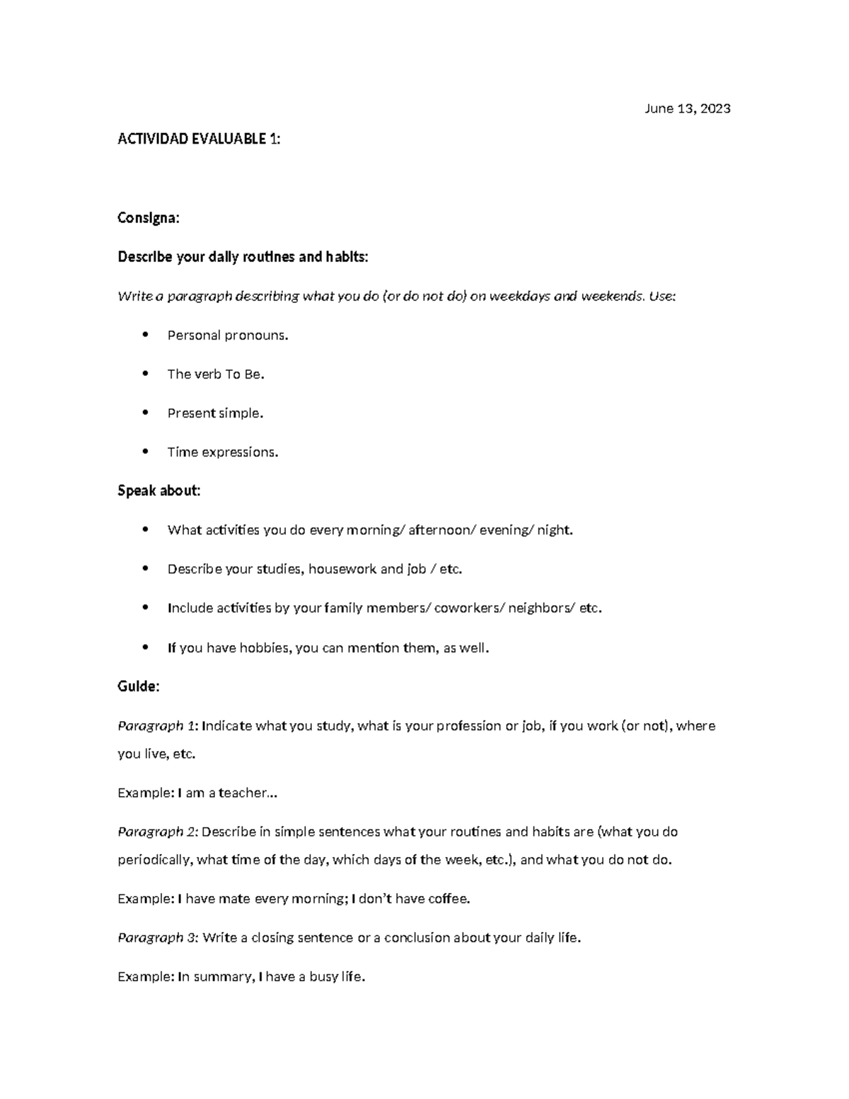 ACT 1 - Daily Routines and Habits Description for Ingles STU - Studocu