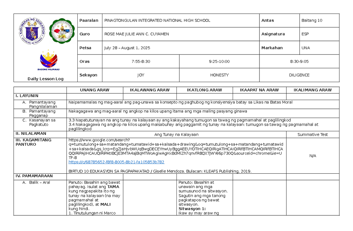 ESP10 Daily Lesson Log: Week 6 (July 28 - August 1, 2025) - Studocu