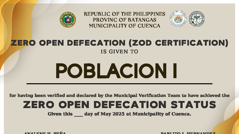 ZOD Defecation Certificate - PROVINC OF BATANGAS MUNICIPALITY OF CUENCA ...