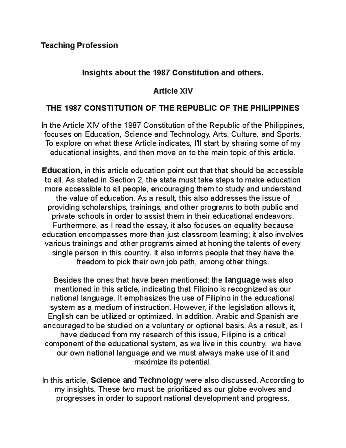 VALUES EDUCATION - Insights on the 1987 Constitution's Article XIV ...