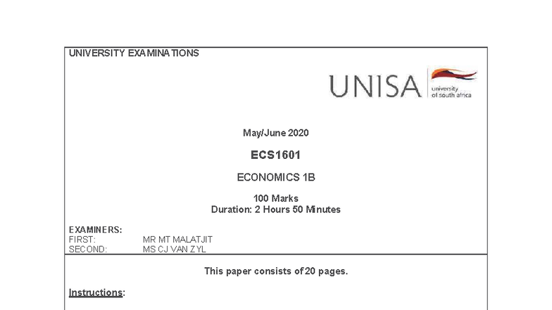 ECS1601 2020 Economics 1B Final Exam Paper - 100 Marks - Studocu