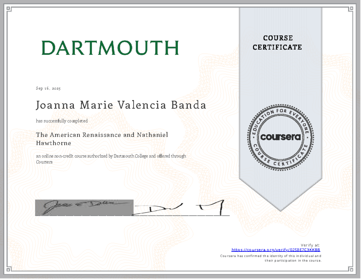 Coursera Certificate: The American Renaissance Course Completion - Studocu