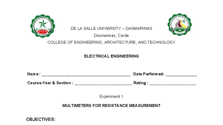 DC Circuits Experiment 1: Multimeters for Resistance Measurement - Studocu