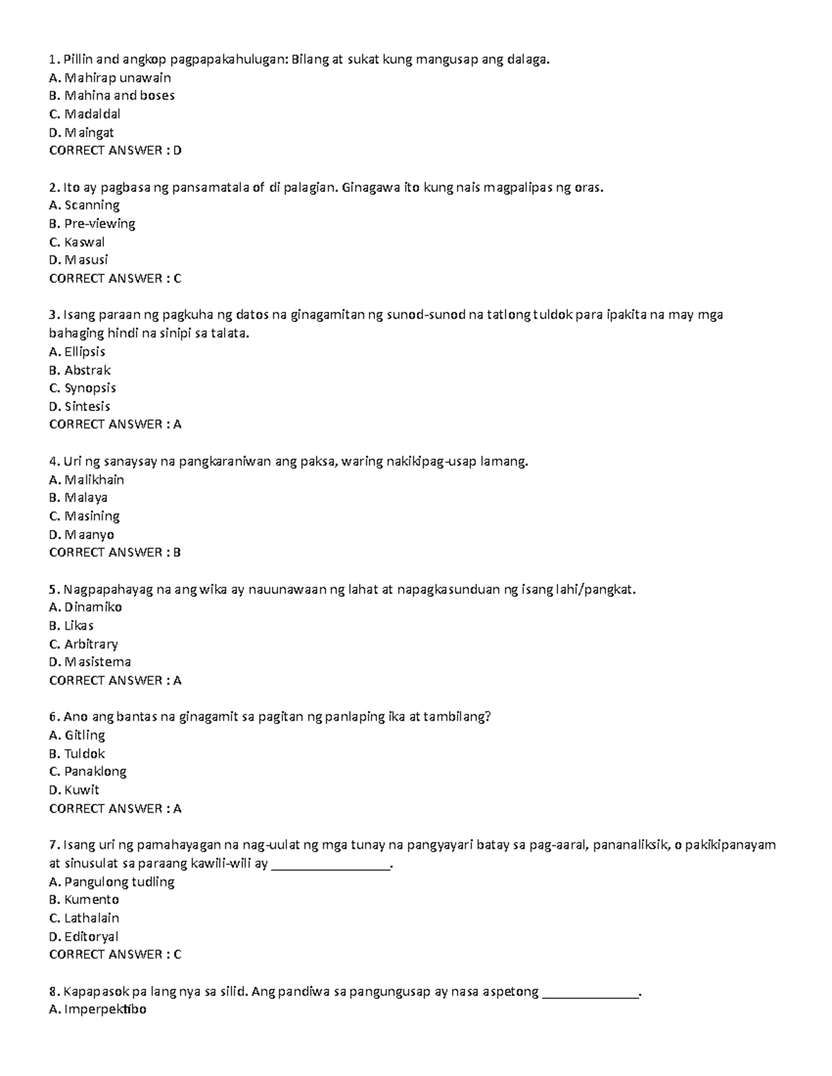 Gen Ed Filipino Drill 1 - Practice Questions and Answers - Studocu