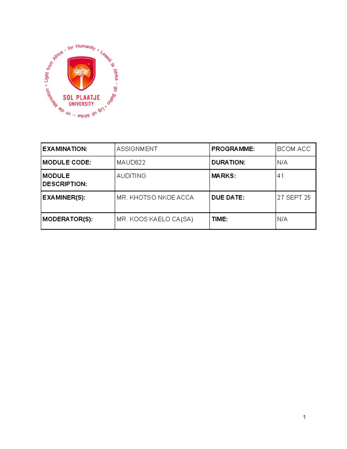 BCOM ACC MAUD622: Auditing Assignment Questions & Guidelines - Studocu