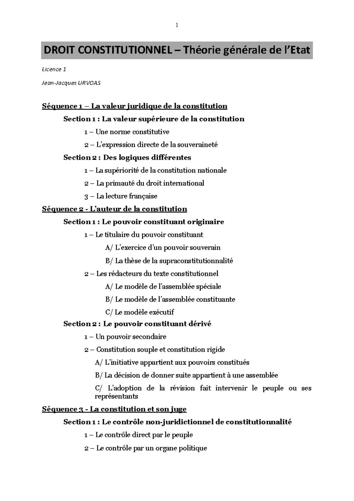 Droit Constitutionnel - Plan de Cours Licence 1 - Semestre 1 - Studocu