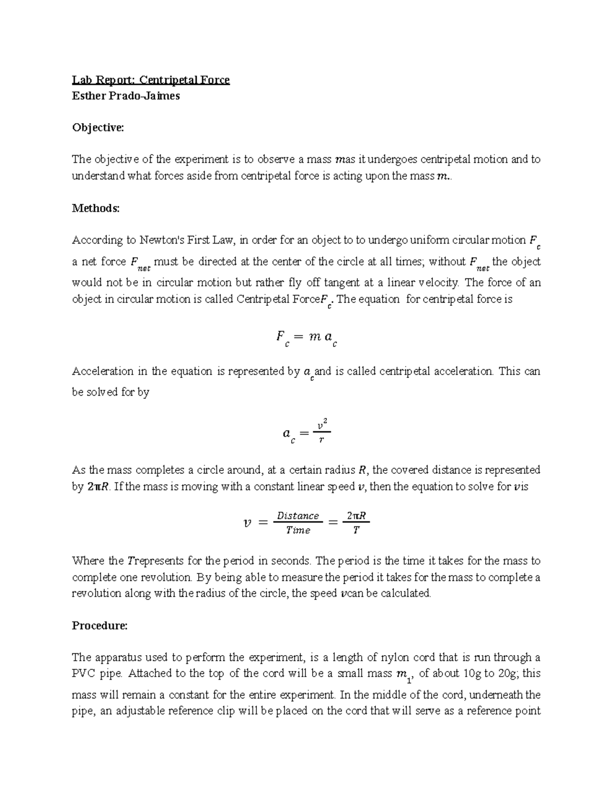 Centripetal Force Lab Report - Lab Report: Centripetal Force Esther ...