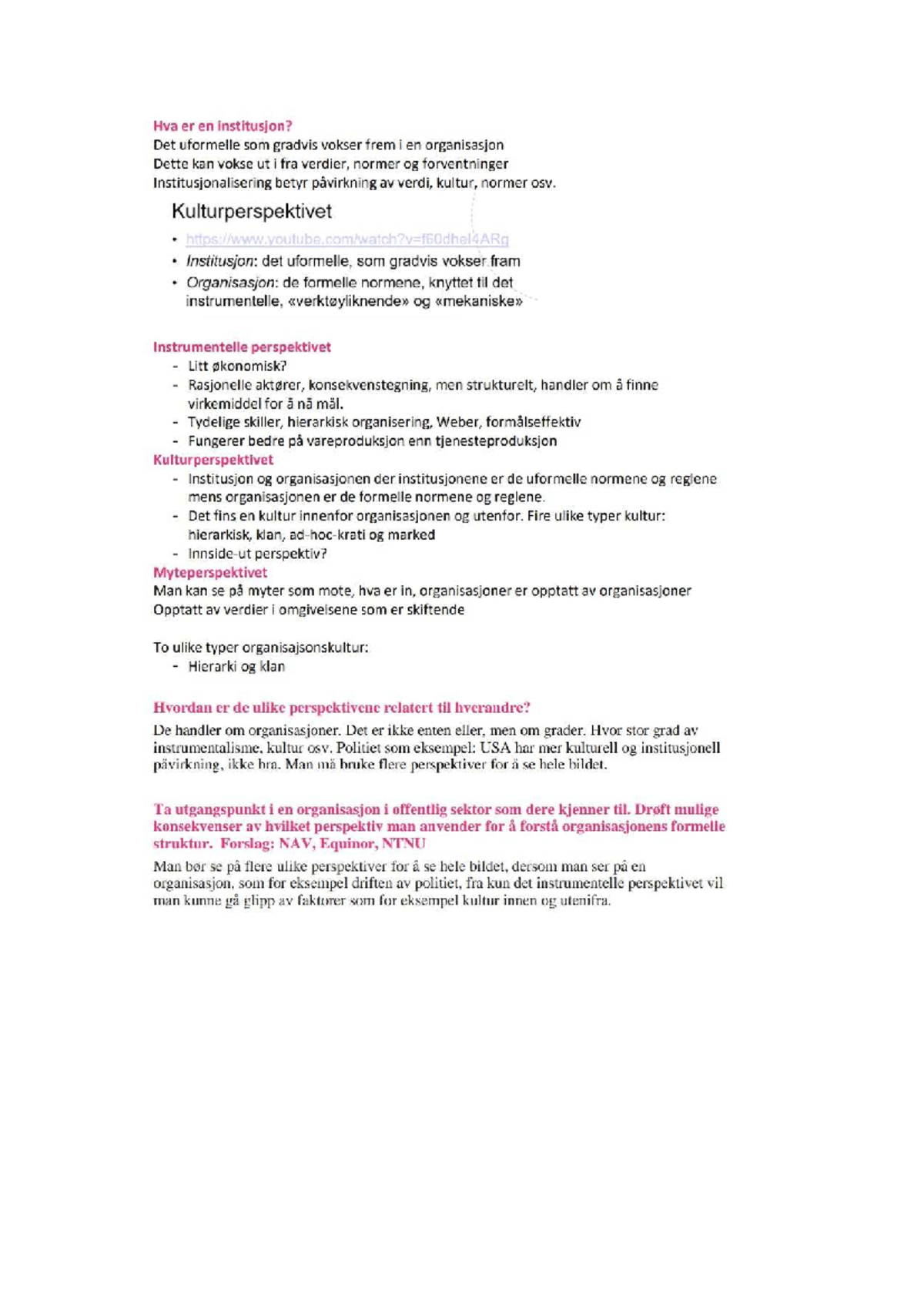 Organisasjonsteori: Uformelle og formelle perspektiver i POL1002 - Studocu