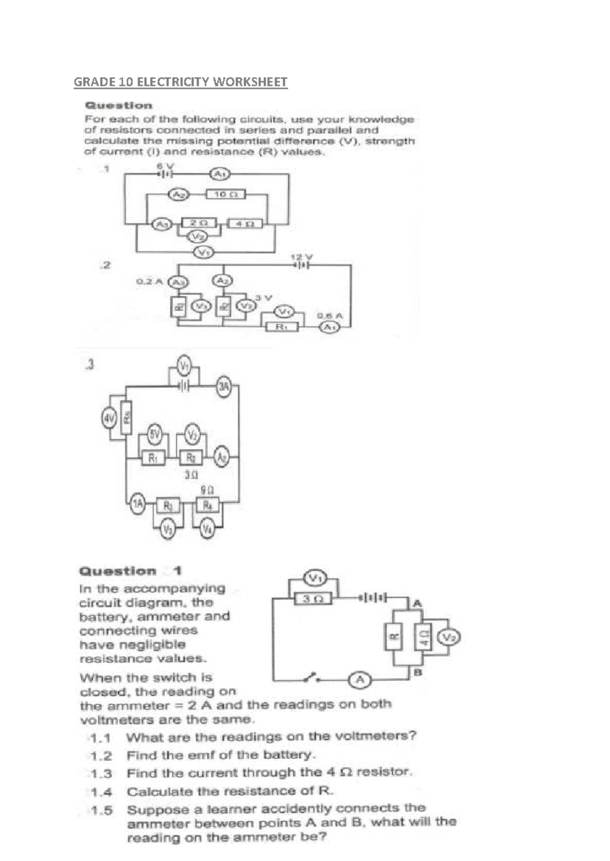 Grade 10 Electricity Worksheet: Series & Parallel Circuits Analysis ...