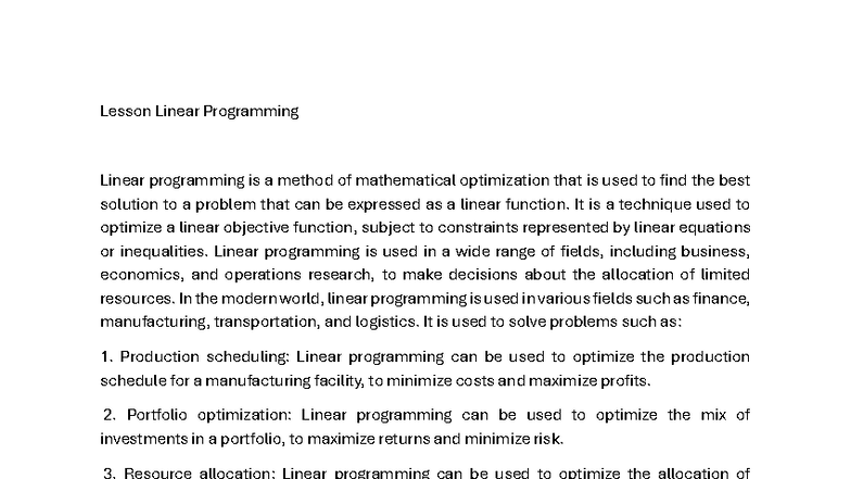 Lesson Linear Programming 2025 - Lesson Linear Programming Linear programming is a method of ...