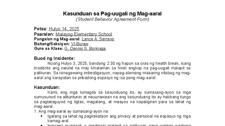 Kasunduan sa Pag-uugali ng Mag-aaral (Student Behavior Agreement Form ...