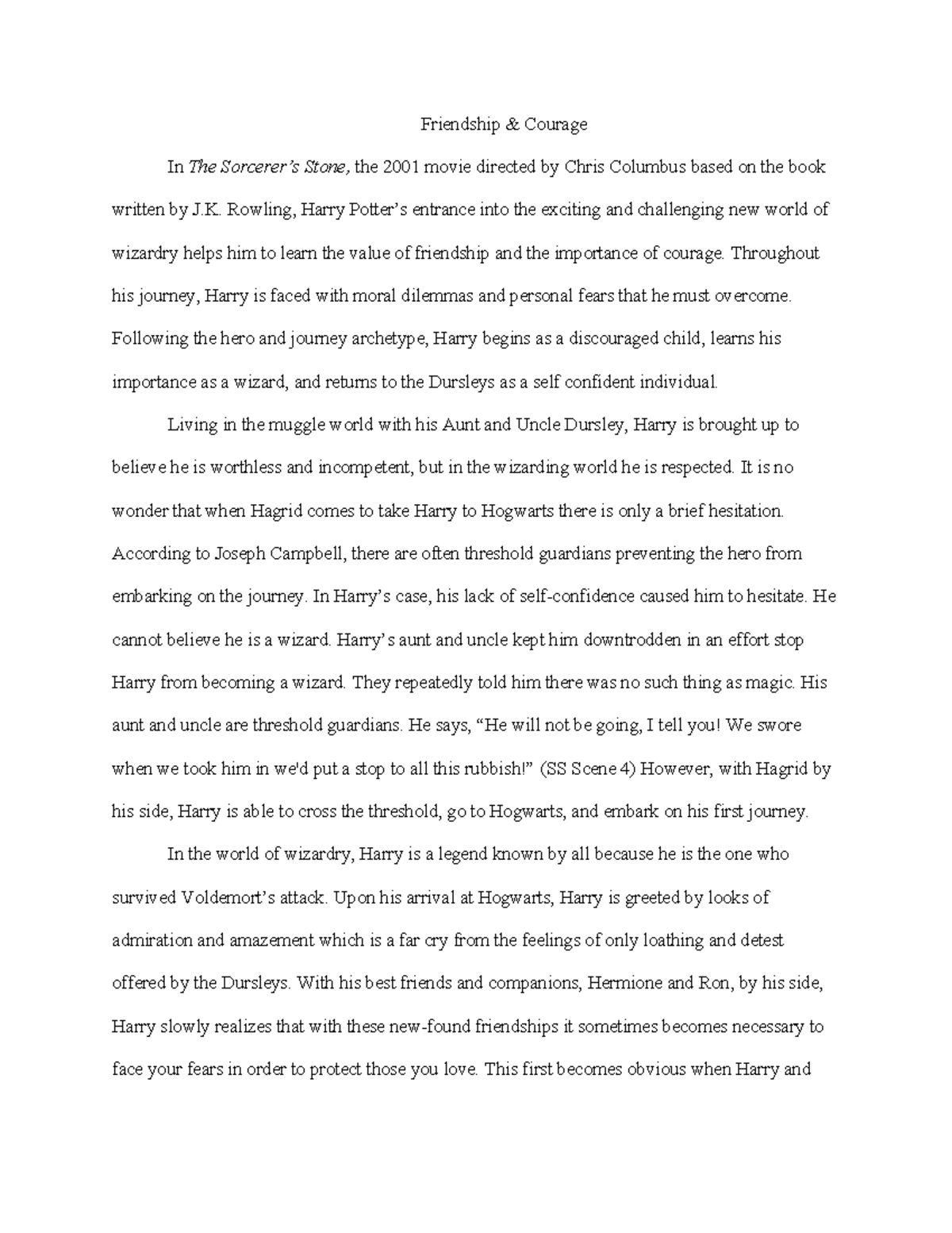 Analytical Essay on Friendship & Courage in HP: Sorcerer's Stone MLA ...