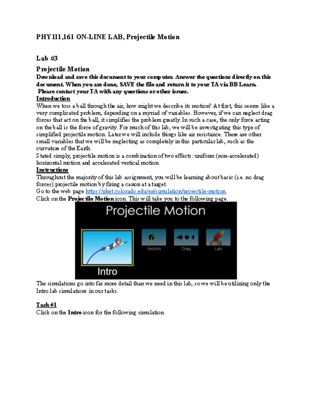 PHY111 Online Lab #3 Projectile motion - PHY111,161 ON-LINE LAB ...