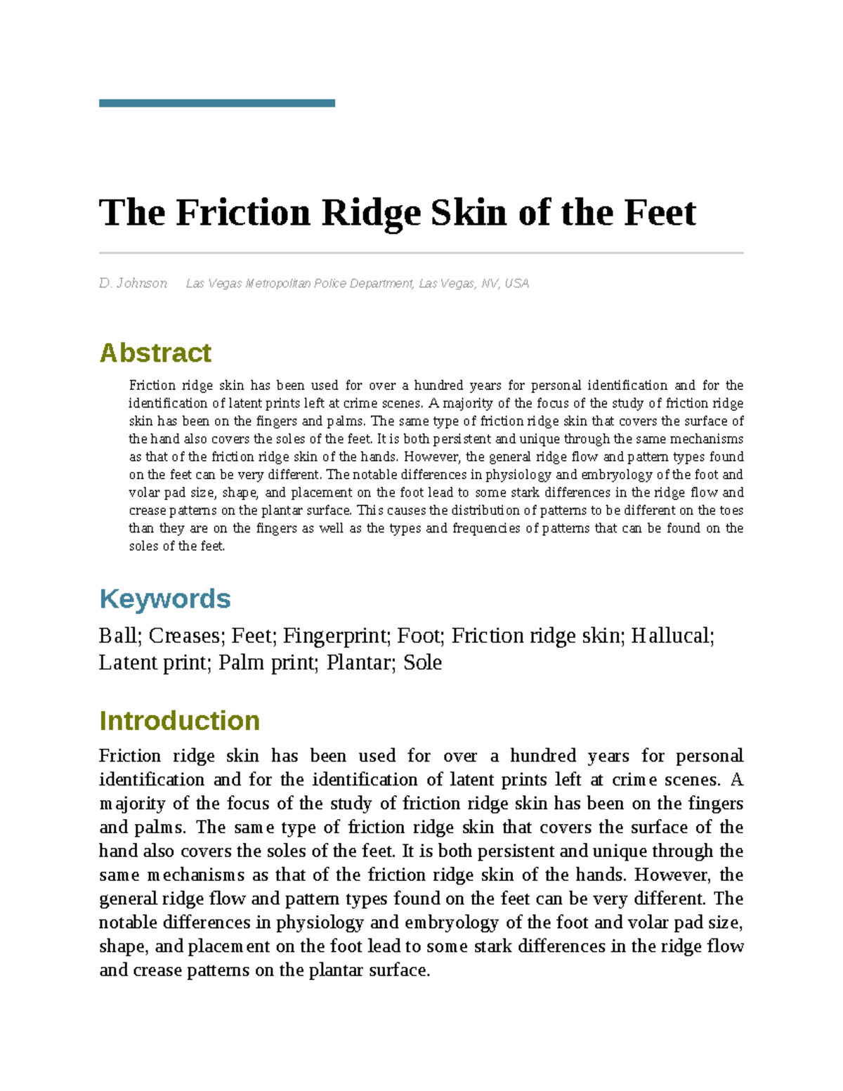 Friction Ridge Skin of the Feet - Johnson Las Vegas Metropolitan Police ...