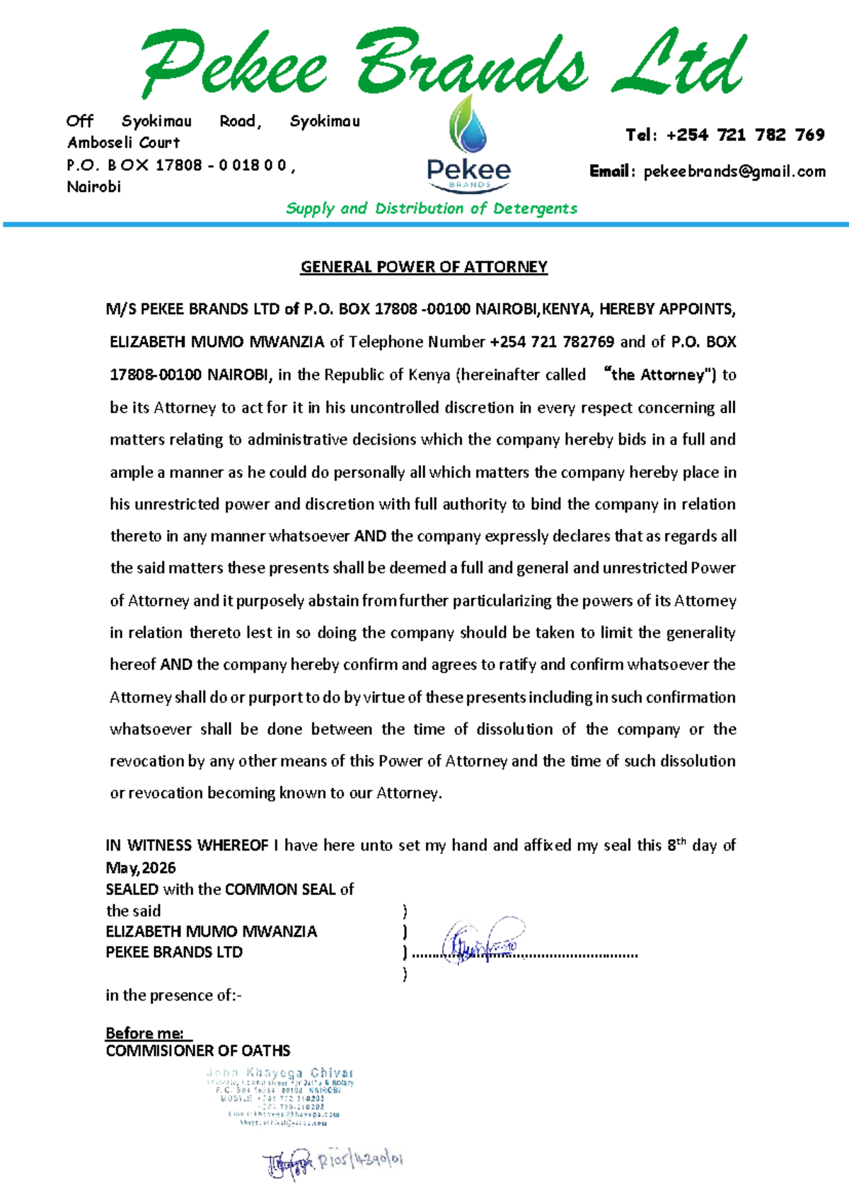 Power of Attorney Sample for Pekee Brands Ltd - Studocu