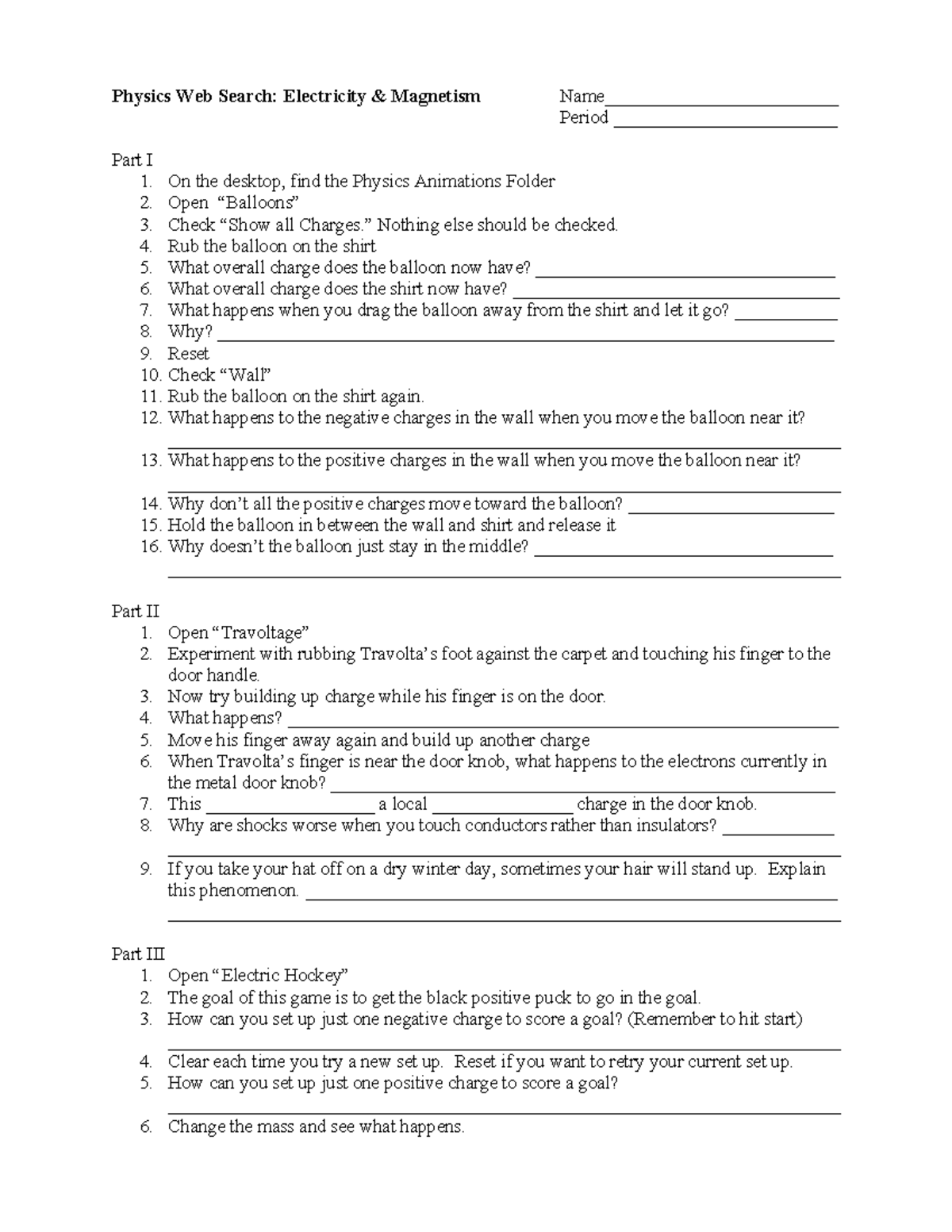 Web Quest - Electric Charge Basics - Physics Web Search: Electricity ...