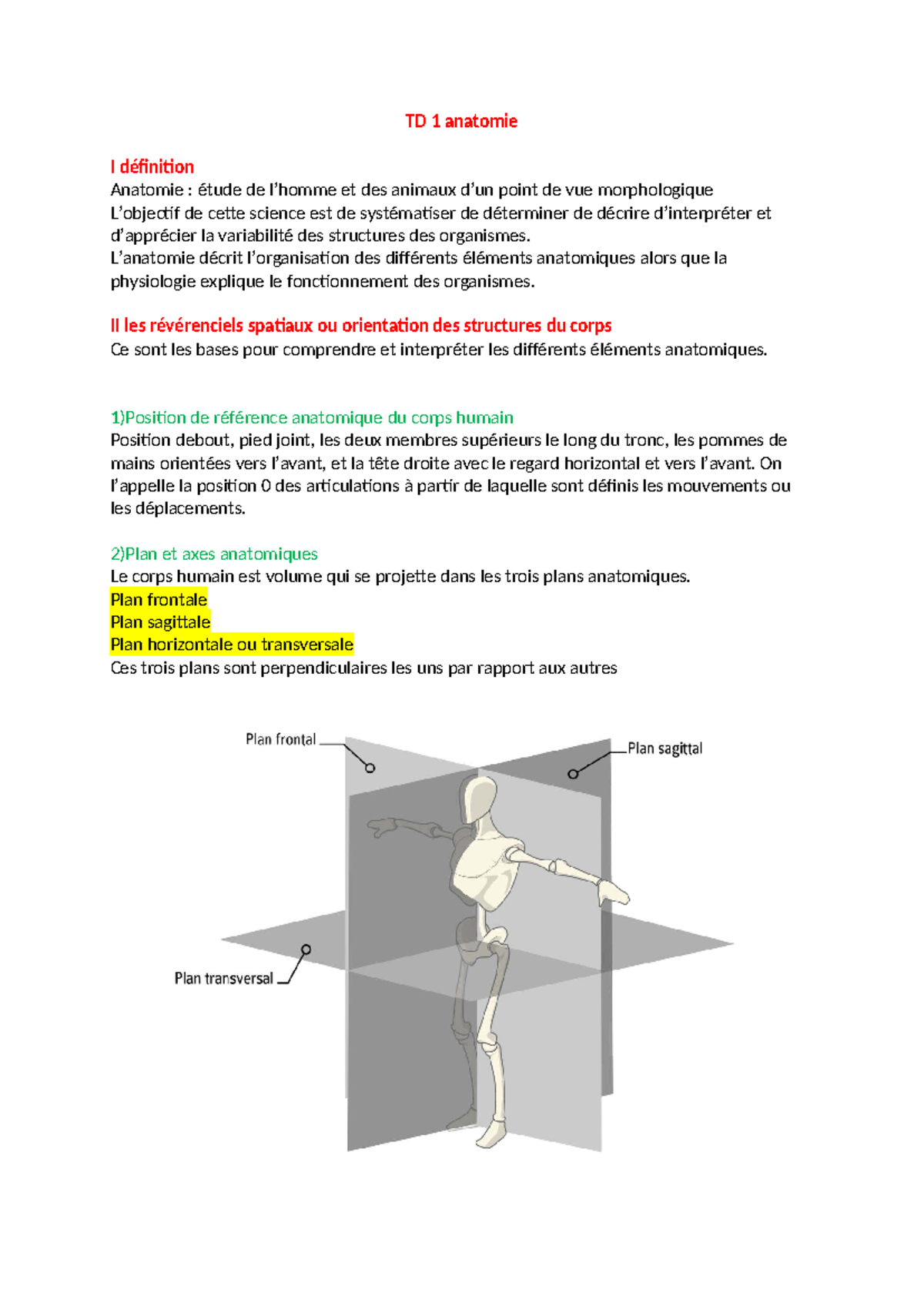 TD 1 Anatomie I : Référentiels et Plans du Corps Humain - Studocu
