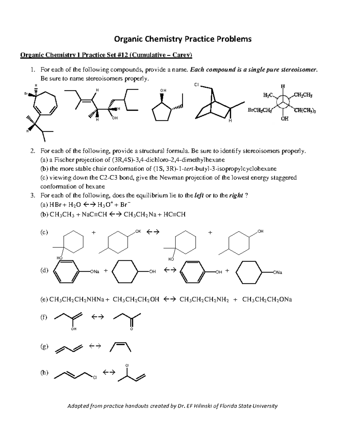 Organic Chemistry I Practice Problems: Cumulative Carey Set 1-11 - Studocu