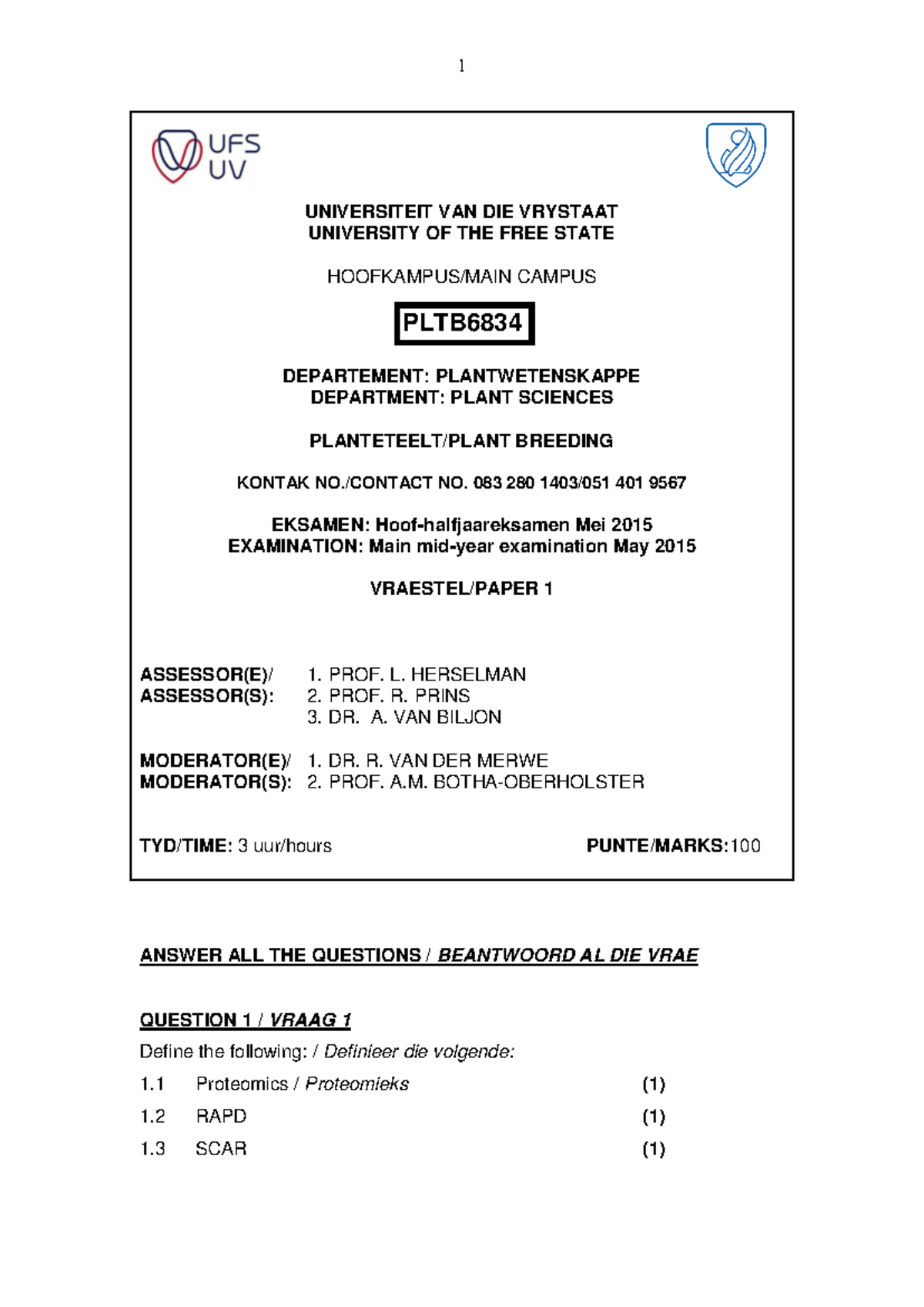 PLTB6834 Mid-year Exam Paper 1 - Plant Breeding - Studocu