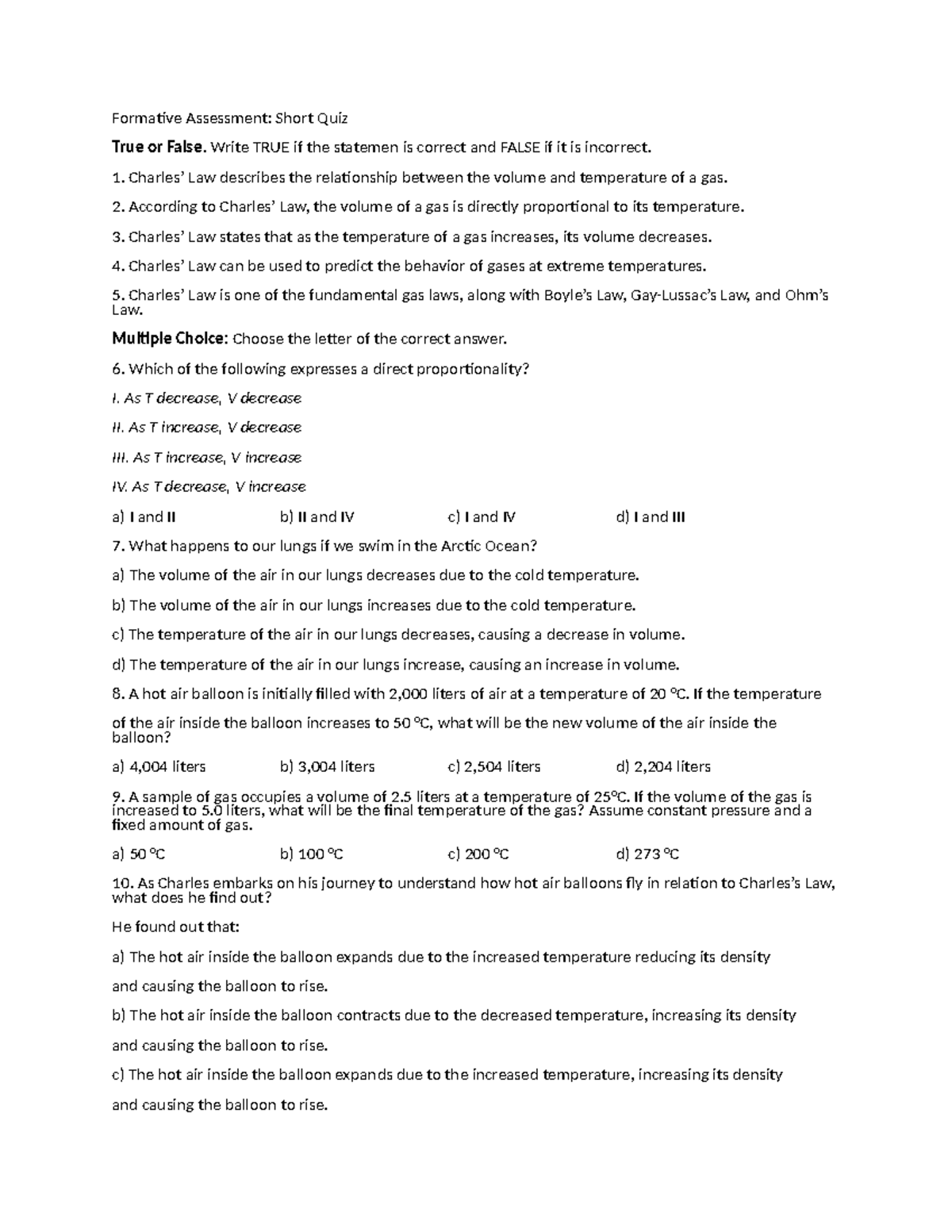 Formative Assessment: Short Quiz on Gas Laws (True/False & MCQ) - Studocu