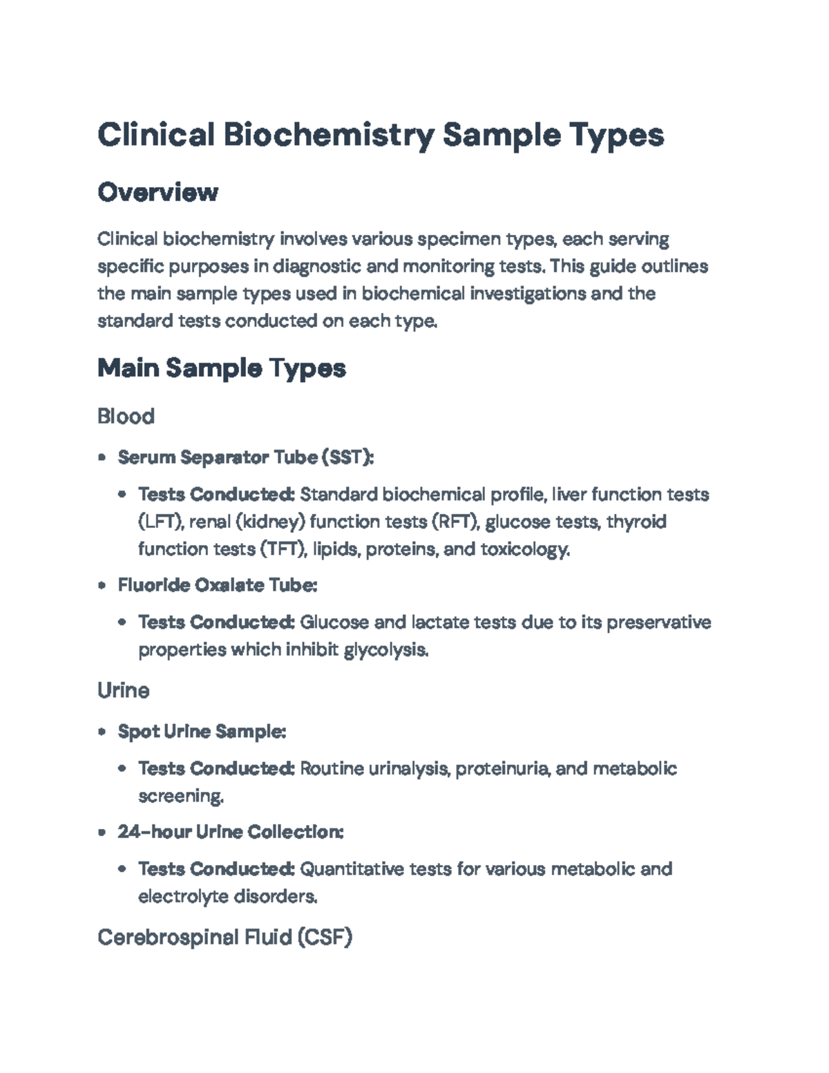 Clinical Biochemistry: Sample Types & Tests Guide (CBIO 101) - Studocu