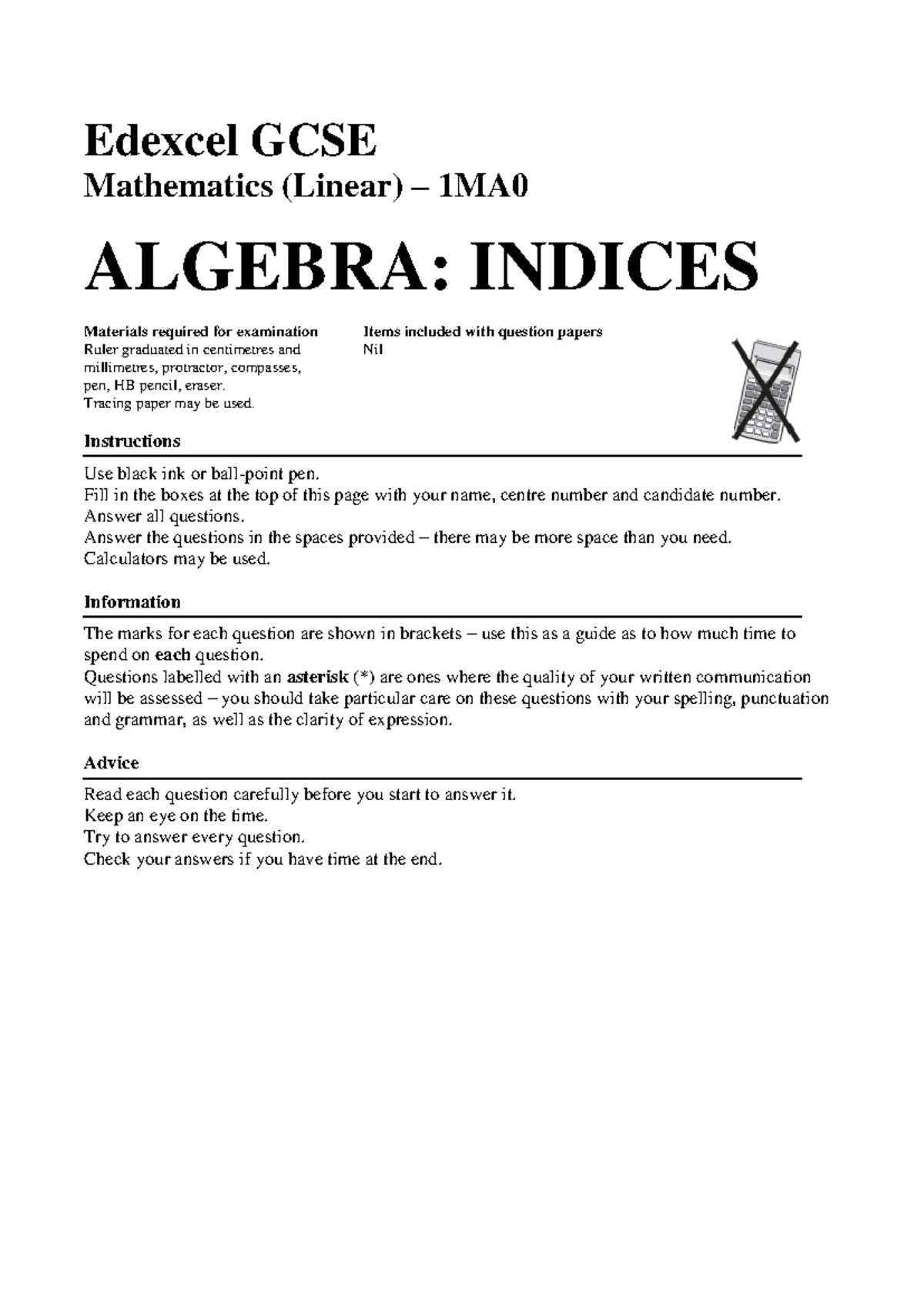 63 Algebra Indices Practice Questions - Edexcel GCSE Maths 1MA - Studocu