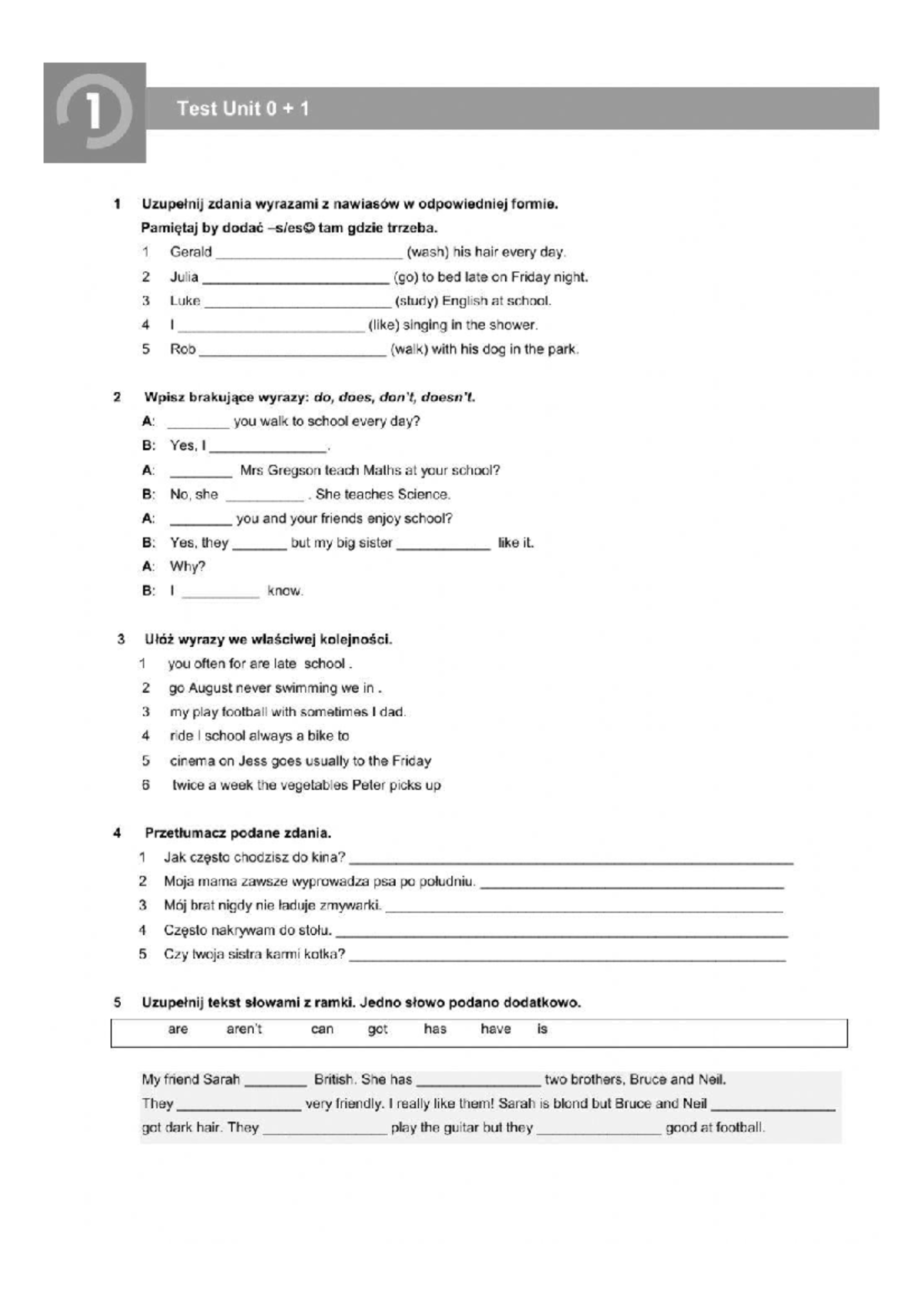 Test Klasa 5 Pearson - Unit 0 & 1 Exercises & Answers - Studocu