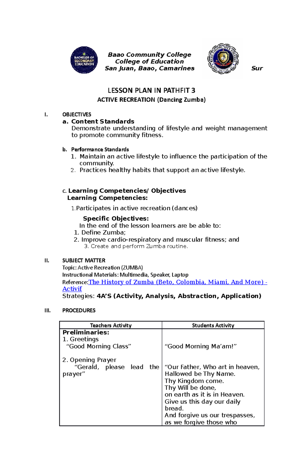 Pathfit 3: Lesson Plan for Active Recreation through Zumba - Studocu