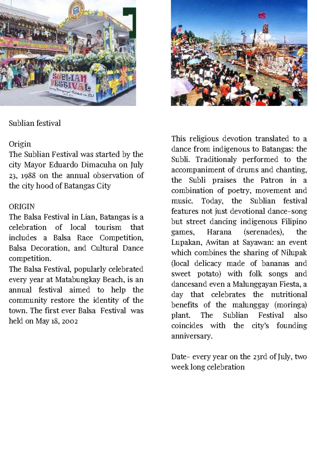 Sublian Festival Origins and Celebrations in Batangas City - Studocu