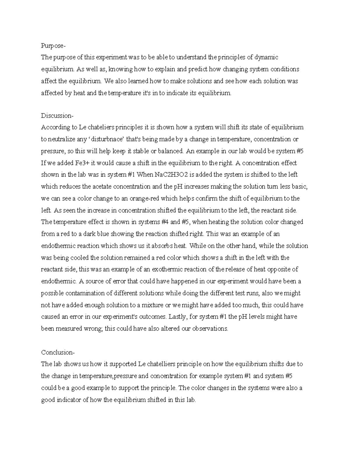 Dynamic Equilibrium Principles: Lab Experiment Notes (Course Code: 2 ...
