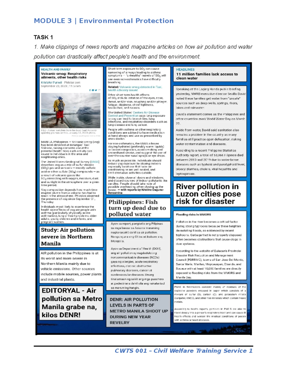 Module 3 - Environmental Protection - TASK 1 1. Make clippings of news reports and magazine ...