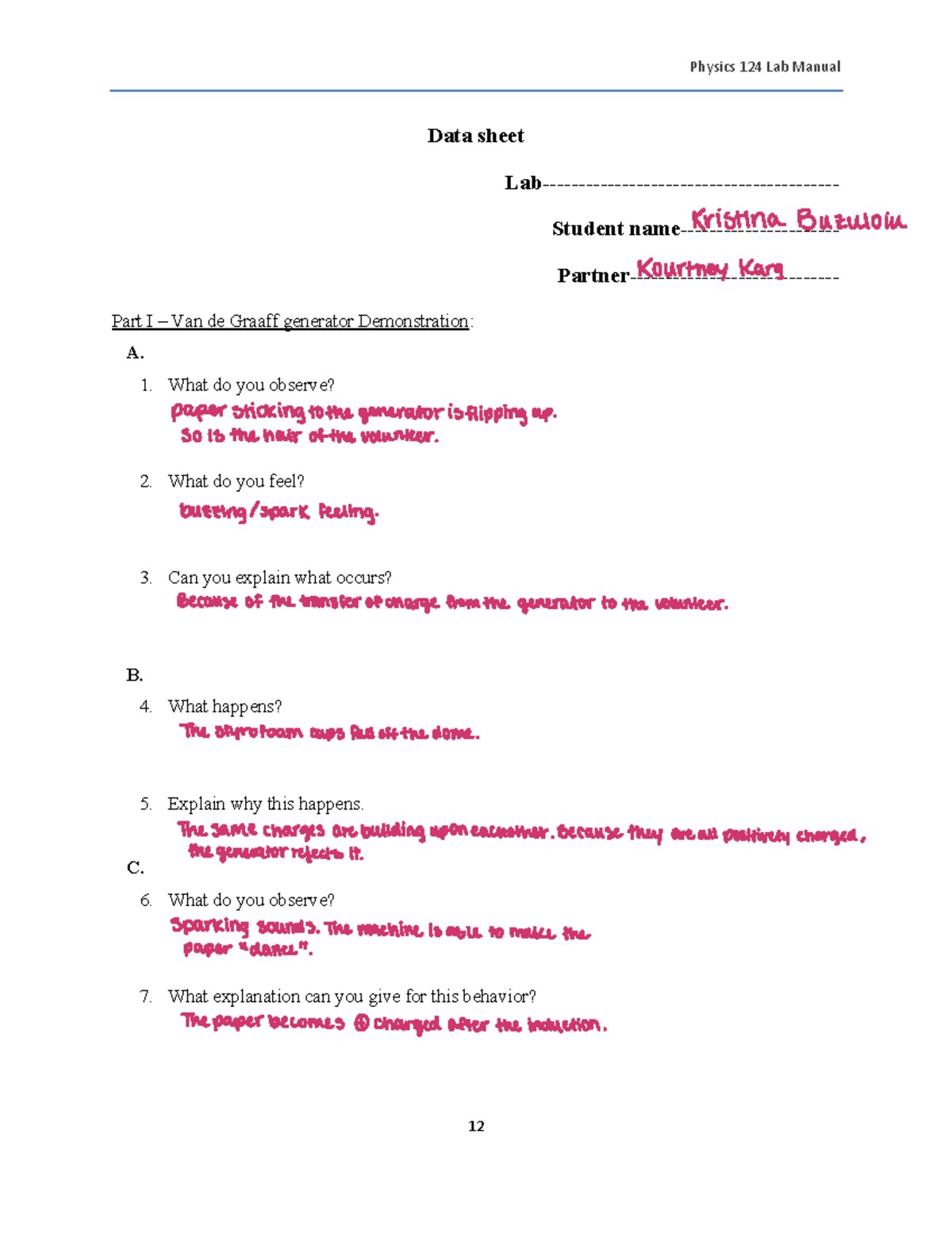 PHY 124 - Lab 1 - Data and Answers for Charge Interaction Experiments ...