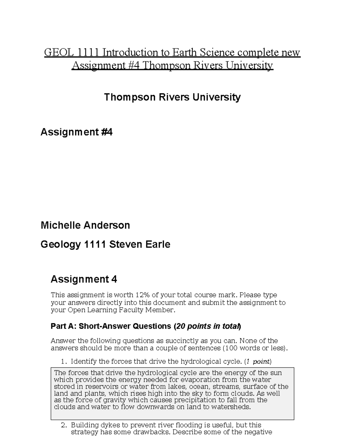 GEOL 1111 Introduction to Earth Science complete new Assignment #4 ...