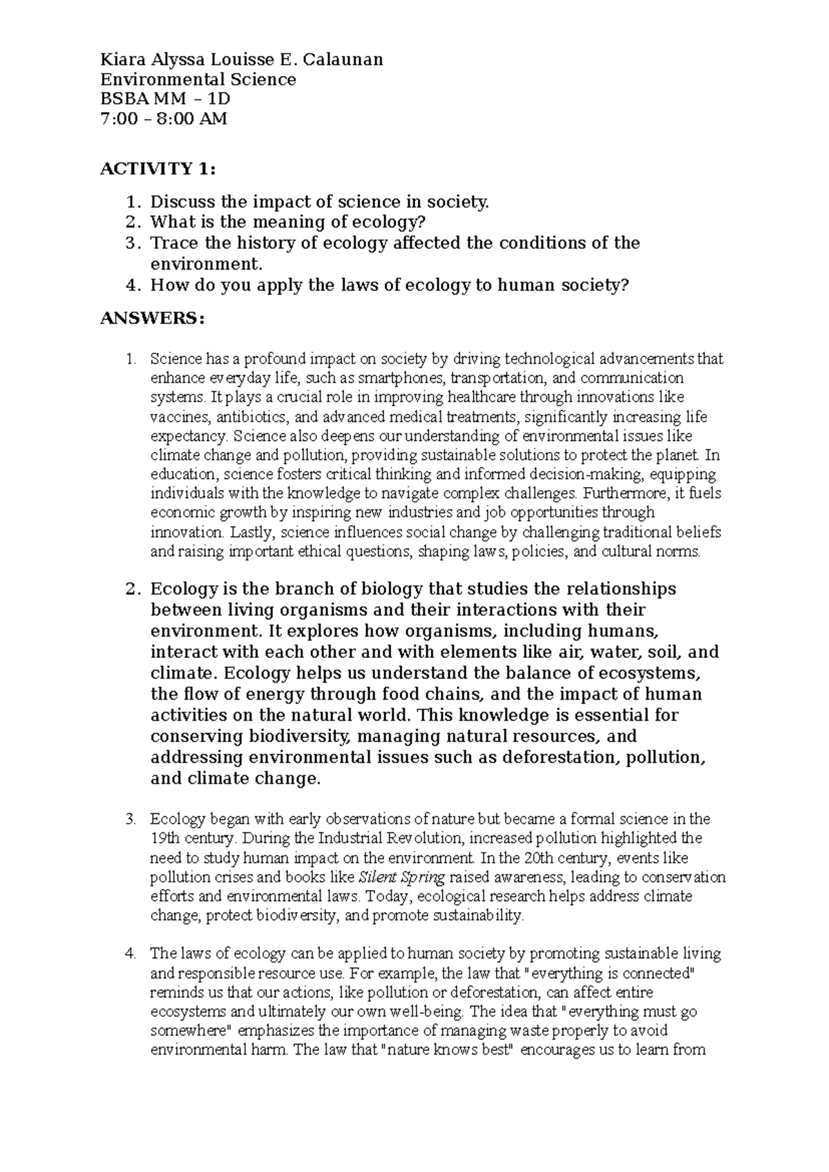 Environmental Science BSBA MM 1D 7:00-8:00 AM Activity Notes and ...