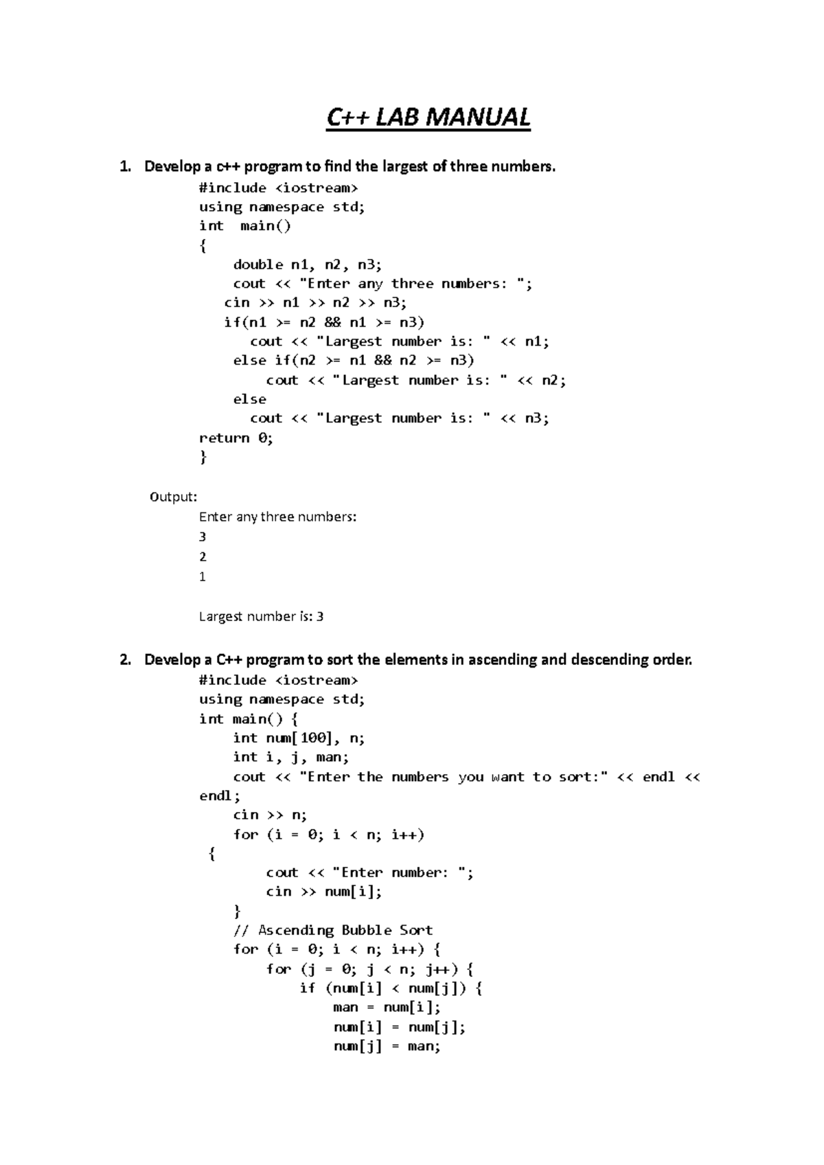 C++ Lab Manual - LAB M: Programs for Basic Operations and Exception ...
