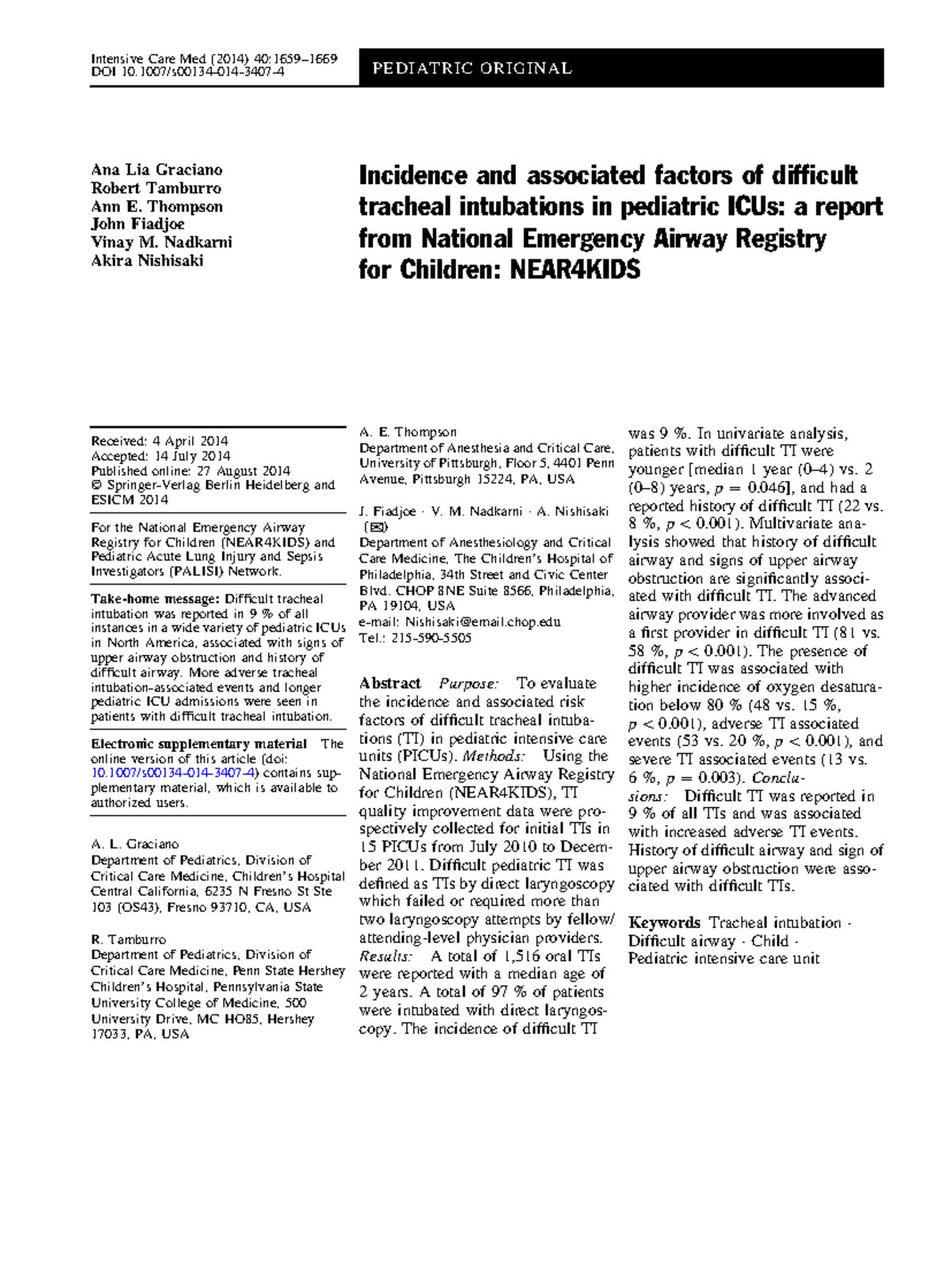 Incidence and Factors of Difficult Tracheal Intubation in Pediatric ...