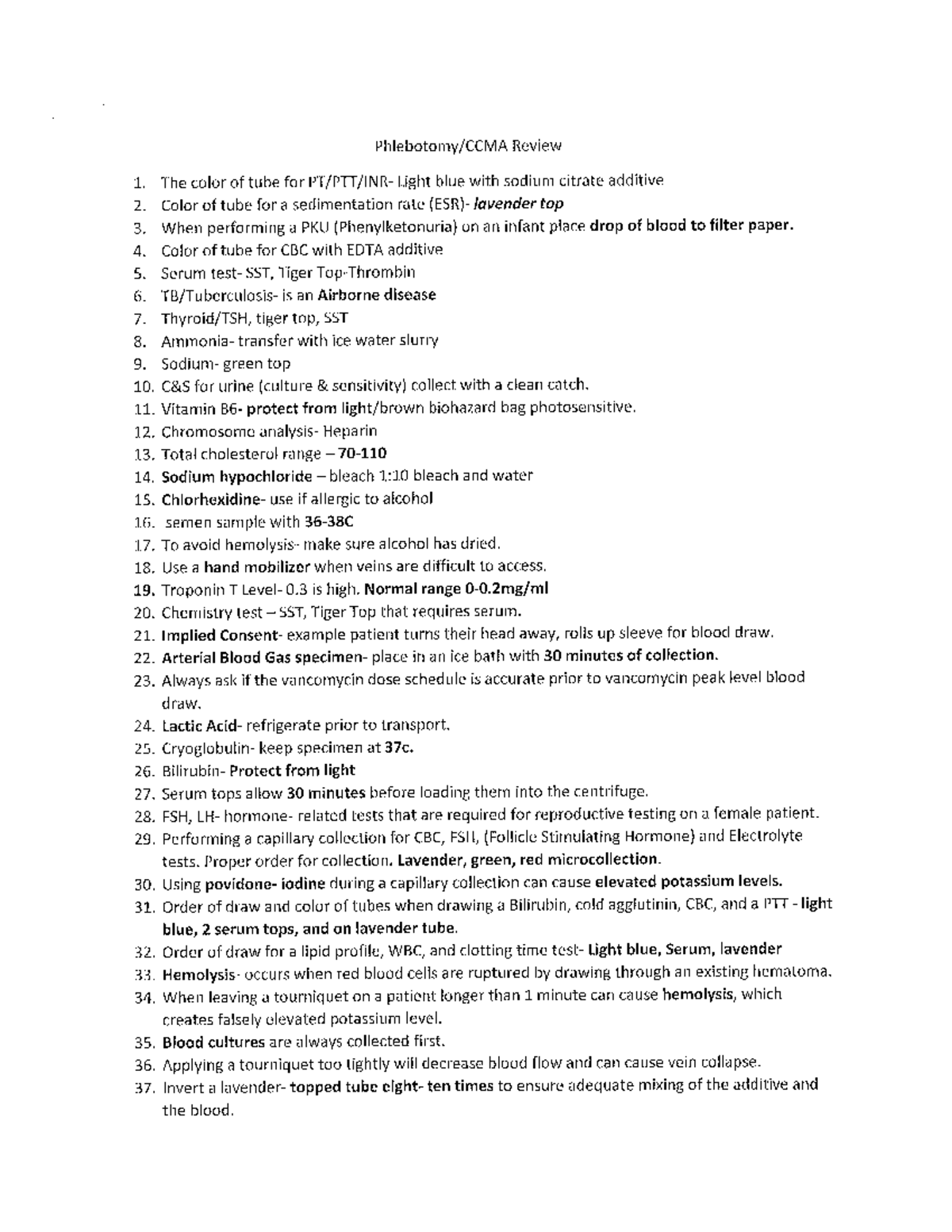 Phlebotomy notes packet ccma Seniors study guide - MA101 - Studocu