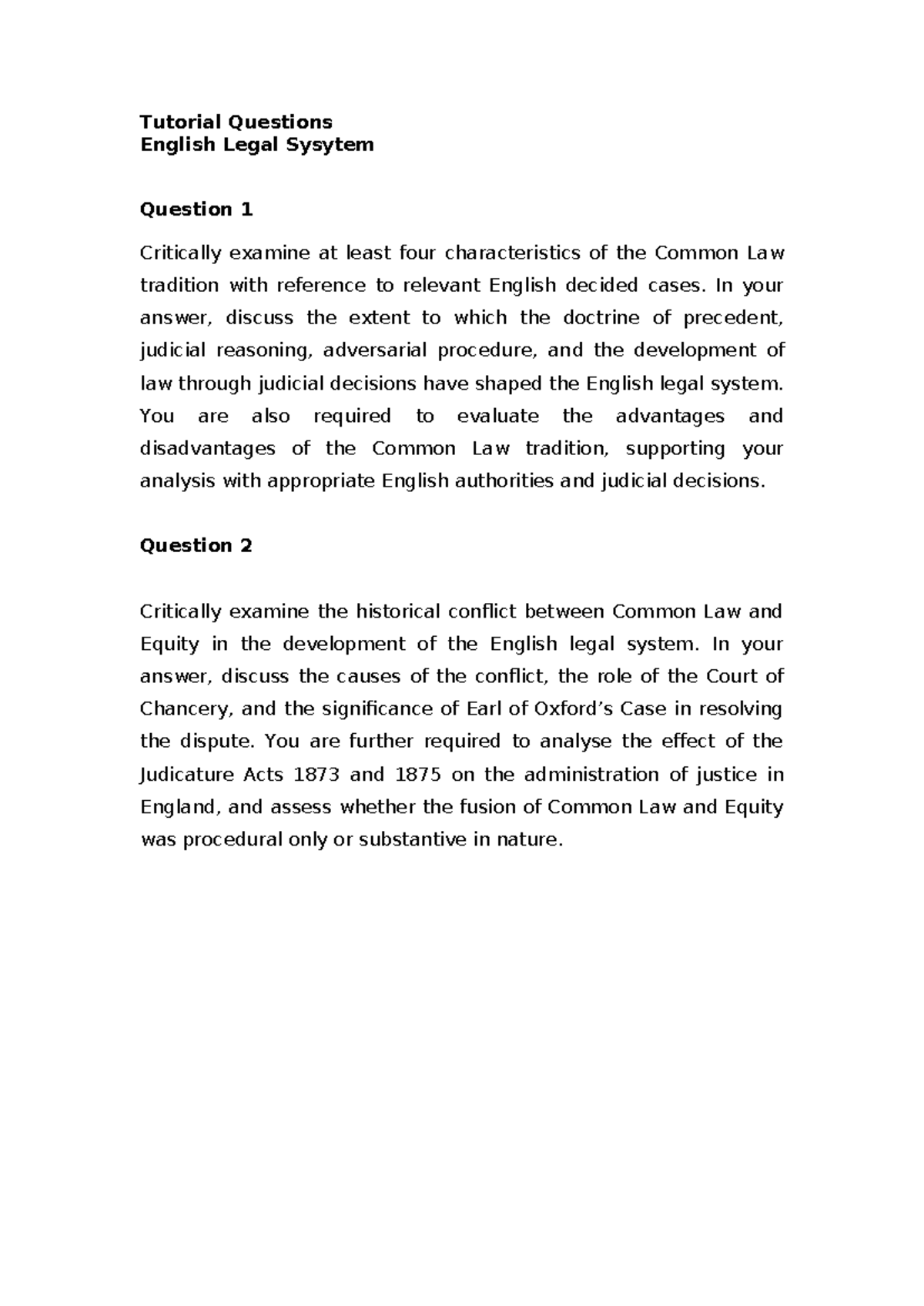 Tutorial Questions: Common Law & Equity in English Legal System - Studocu