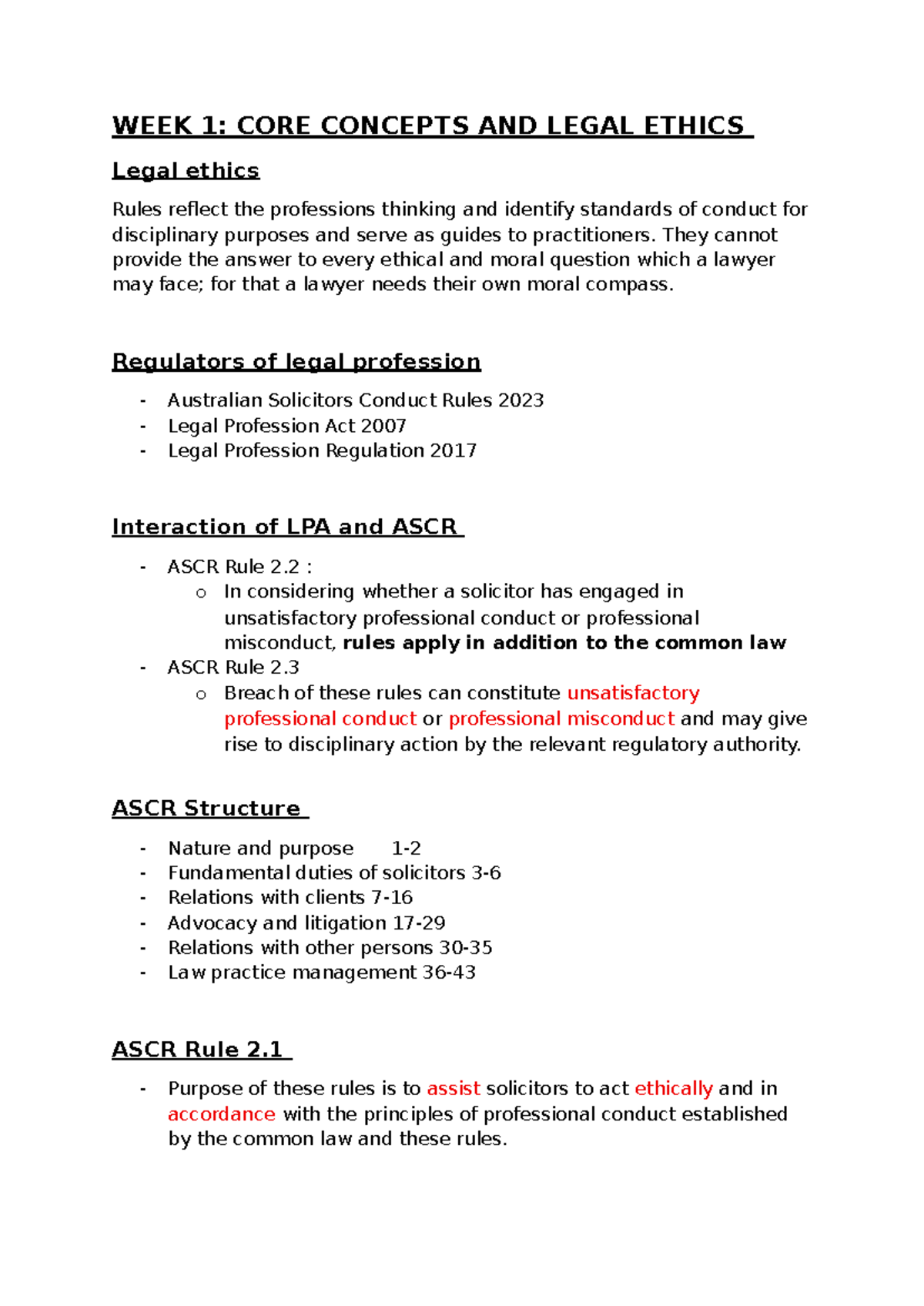 LLH302 Week 1: Core Concepts in Legal Ethics and Conduct - Studocu