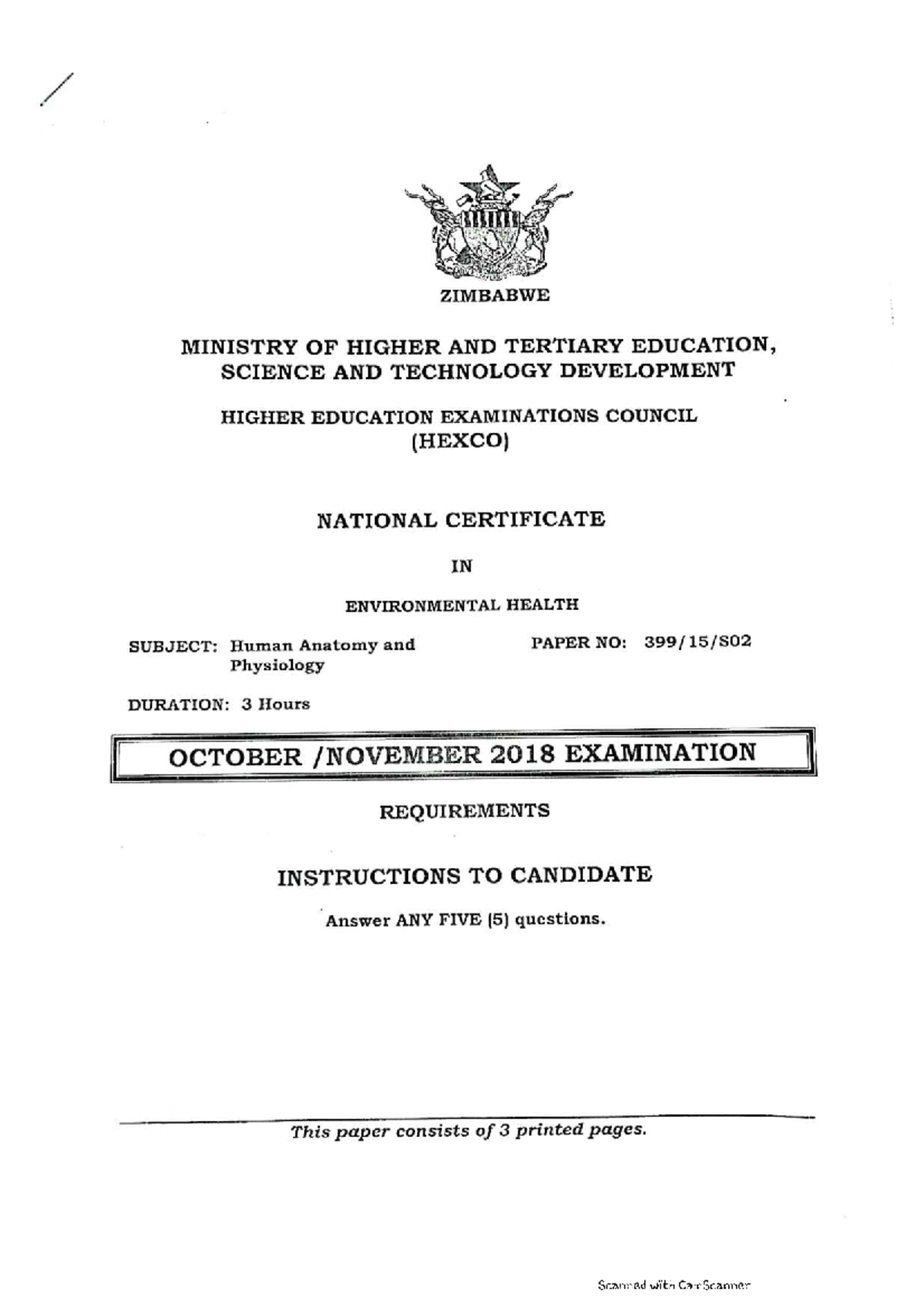 Human Anatomy and Physiology Exam Paper (HEXCO) - October 2018 - Studocu