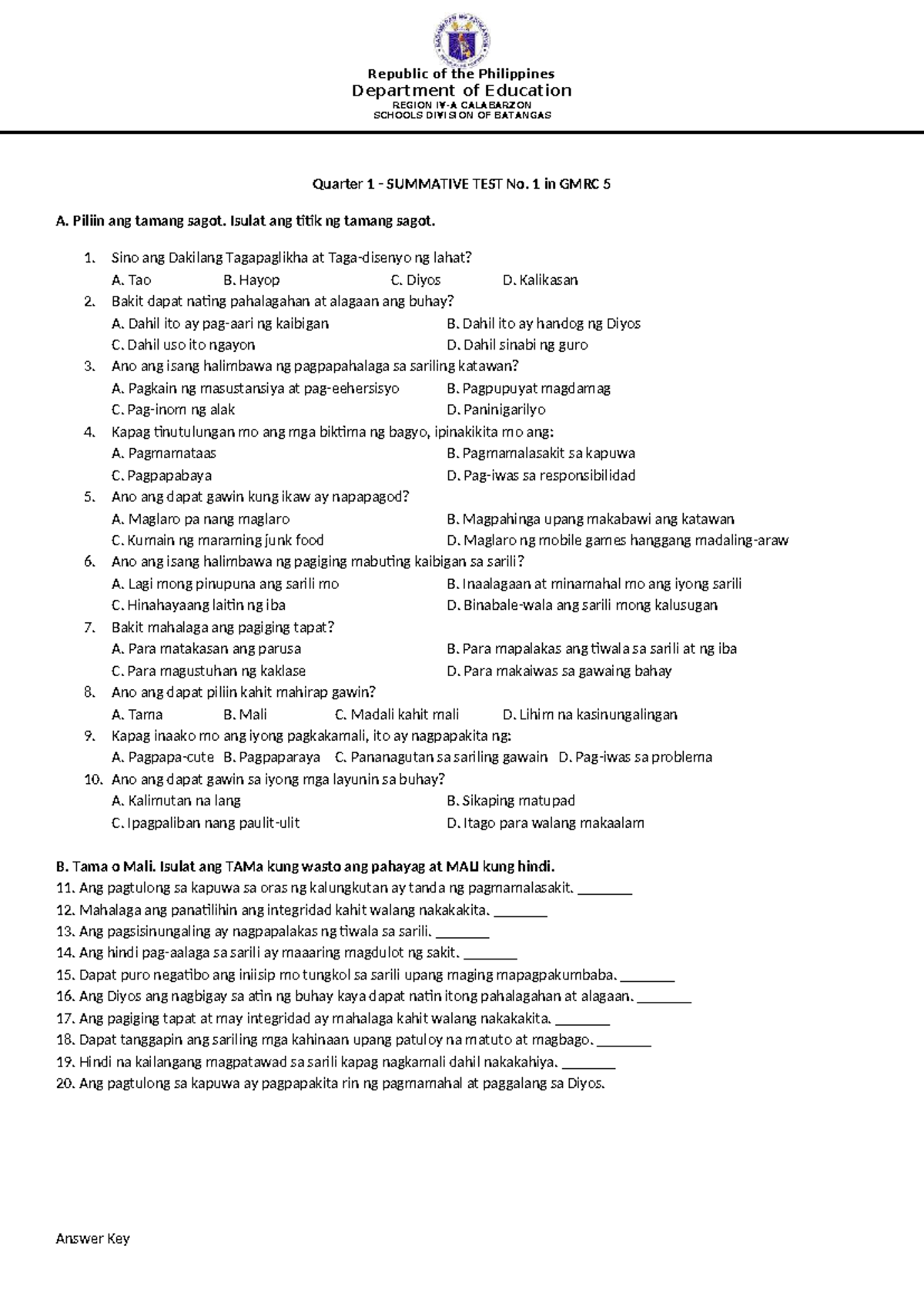 Q1 Summative Test No. 1 & 2 in GMRC 5: Answer Key & Questions - Studocu