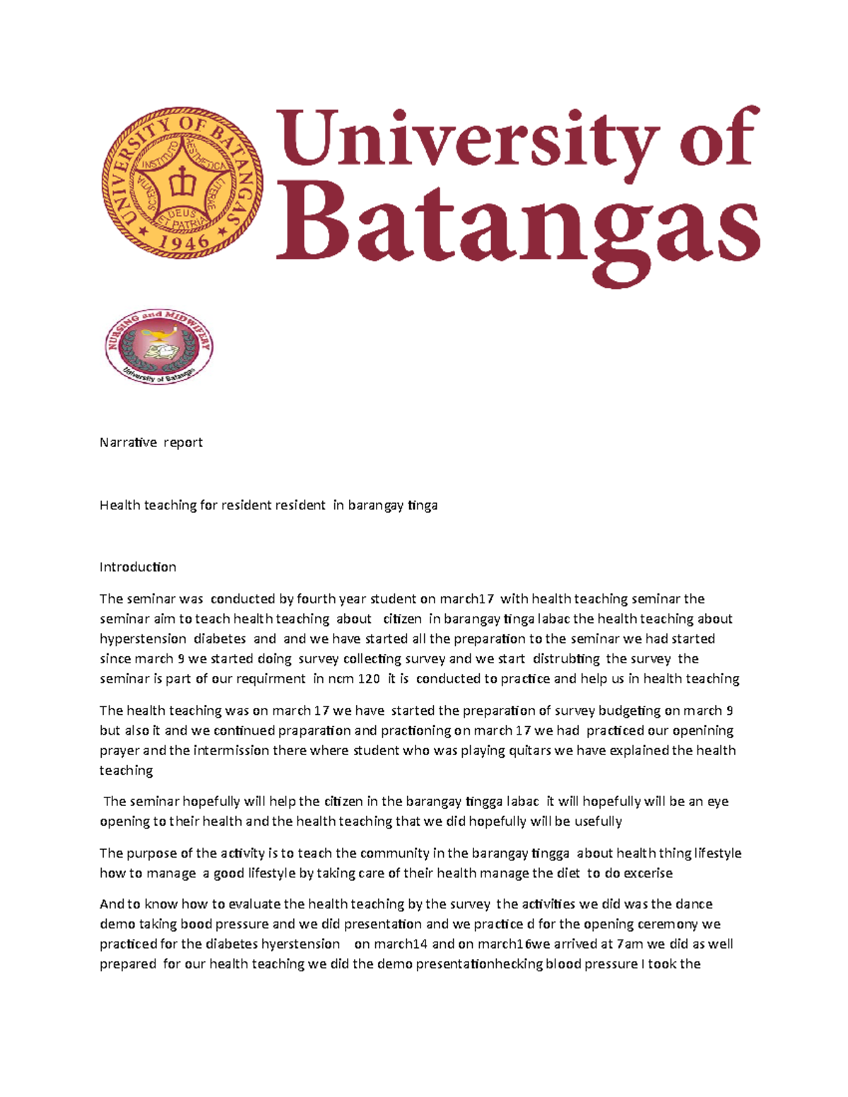 NCM 120 Health Teaching Seminar Narrative Report for Barangay Tinga - Studocu