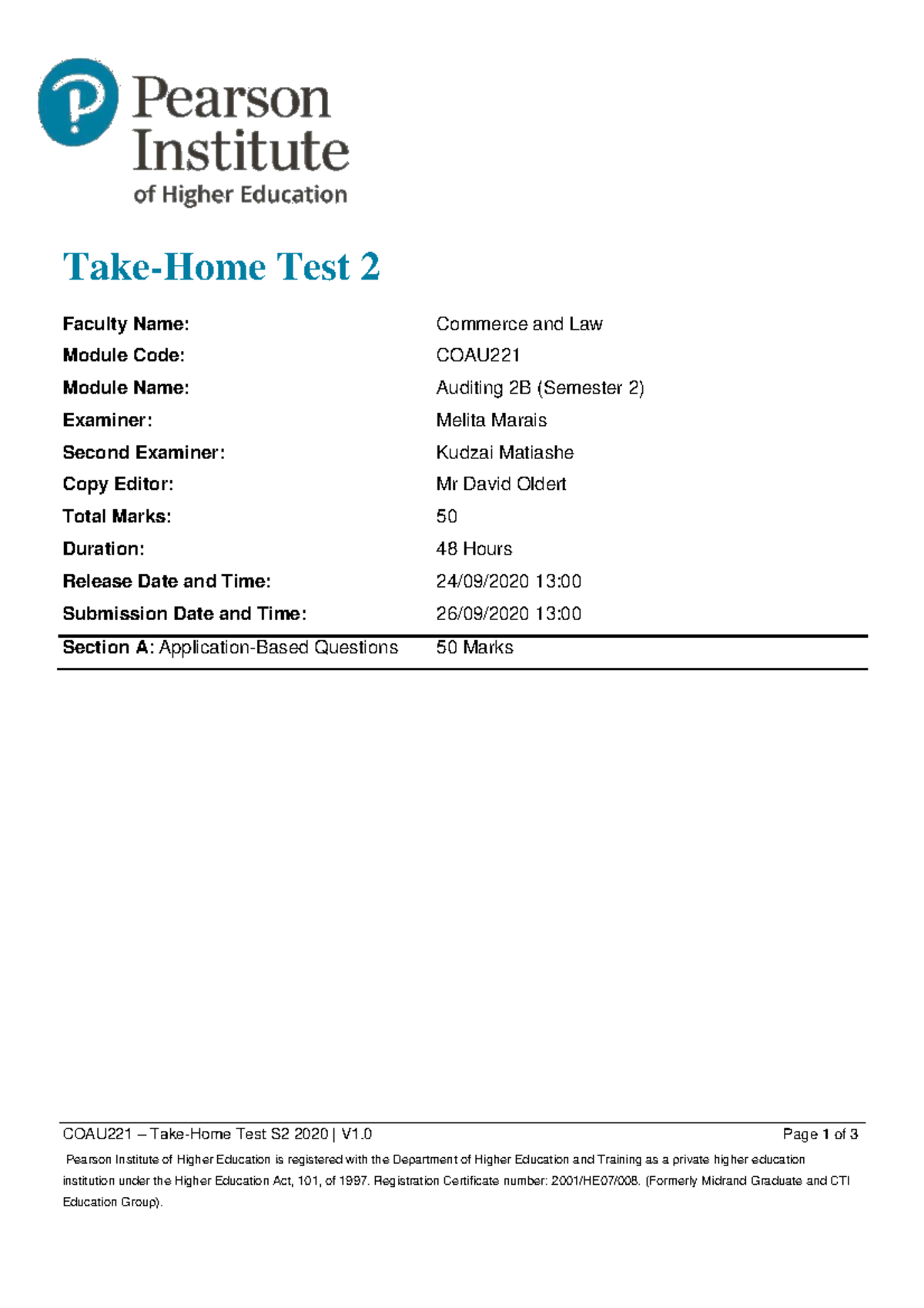 COAU221 - Take Home Test 2: Auditing 2B (S2 2020) - Studocu