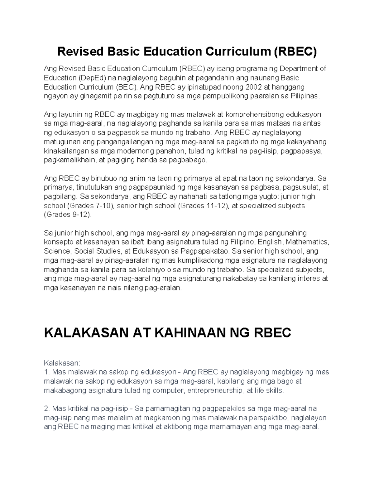 RBEC: Pagsusuri sa Revised Basic Education Curriculum sa Pilipinas - Studocu