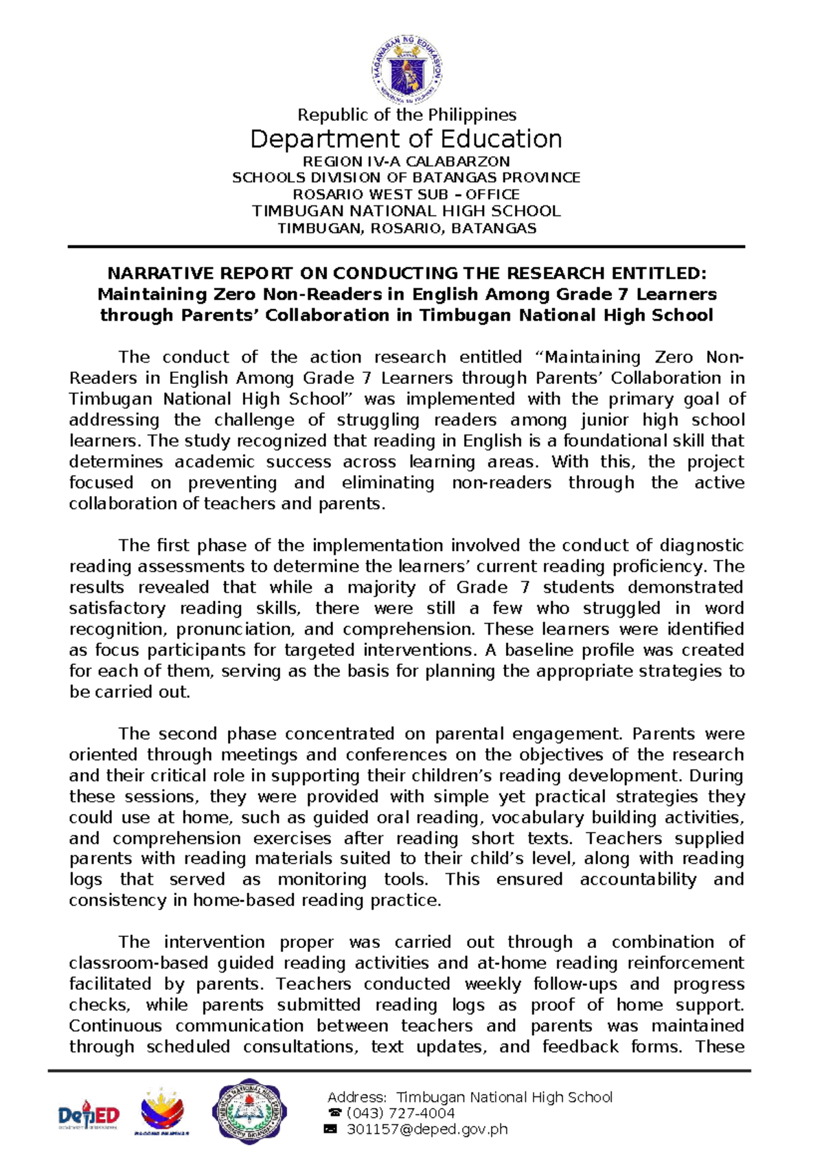 Narrative Report on Action Research: Maintaining Zero in English for Grade 7 - Studocu