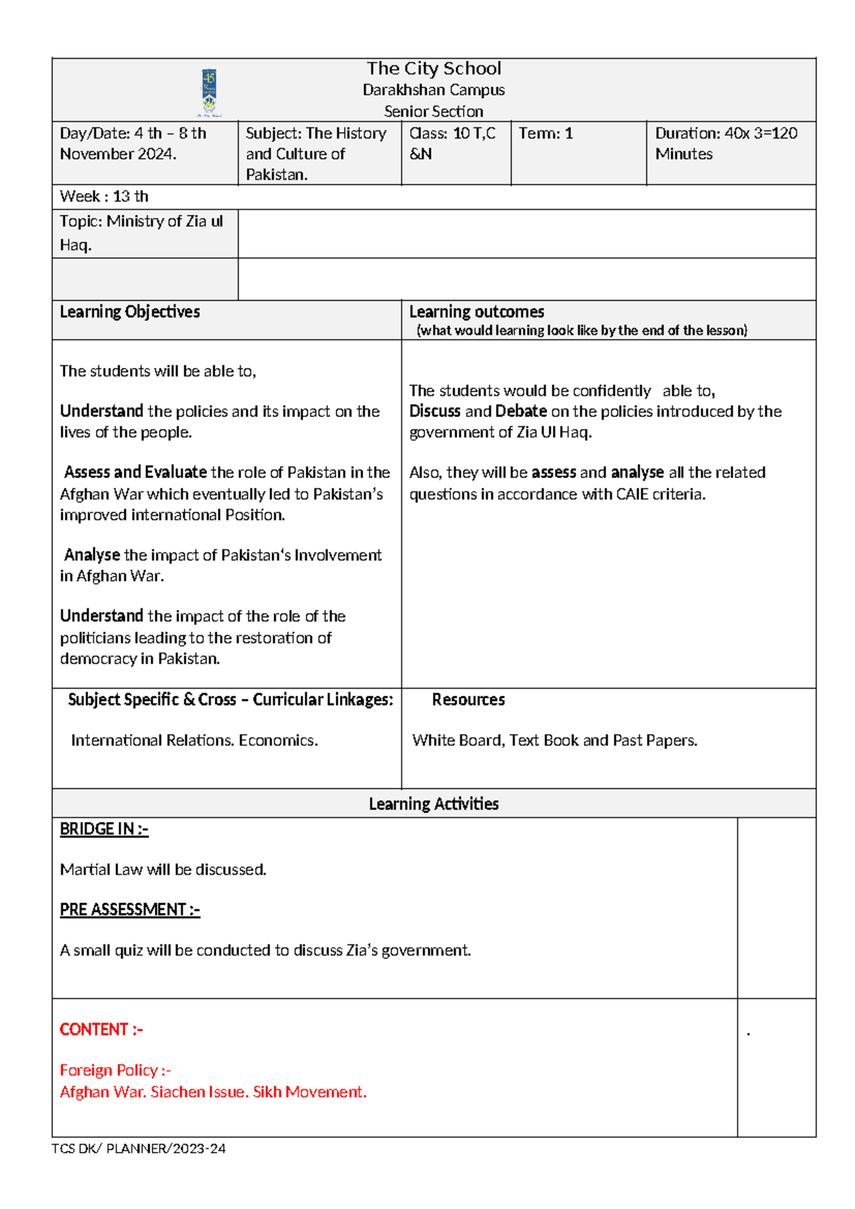 TCS 10 History Lesson Planner: Impact of Zia ul Haq Policies - Studocu