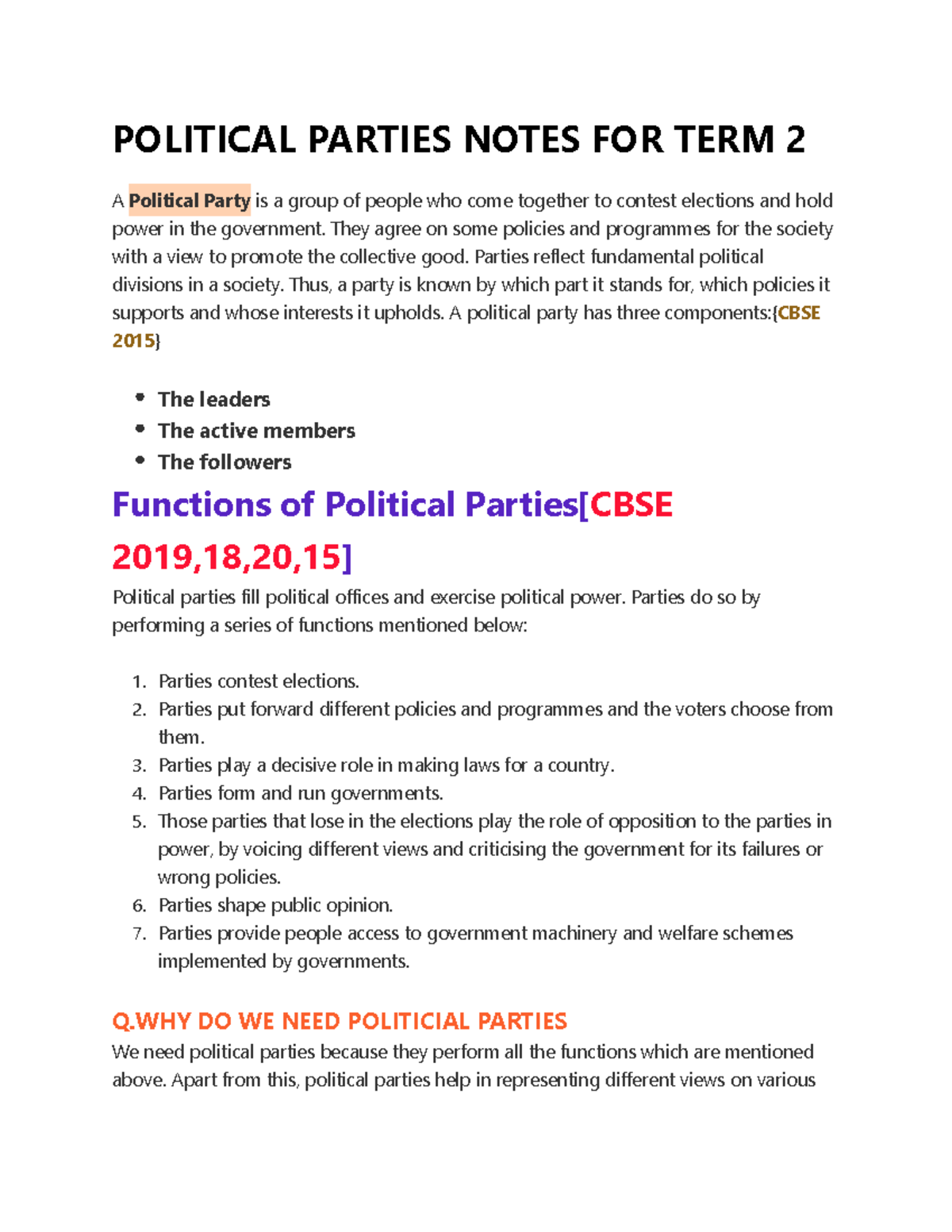 Political Parties Notes FOR TERM 2 - POLITICAL PARTIES NOTES FOR TERM 2 ...