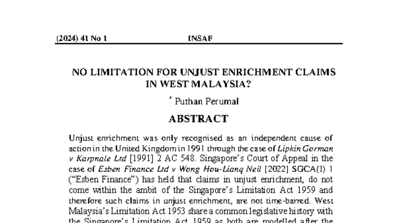No Limitation for Unjust Enrichment Claims in West Malaysia? (2024) 41 ...