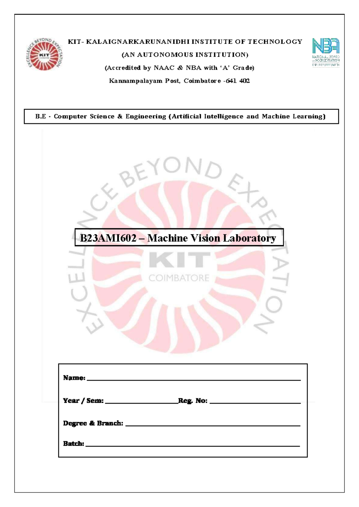 B23AMI602 Machine Vision Laboratory Manual for AI & ML Students - Studocu